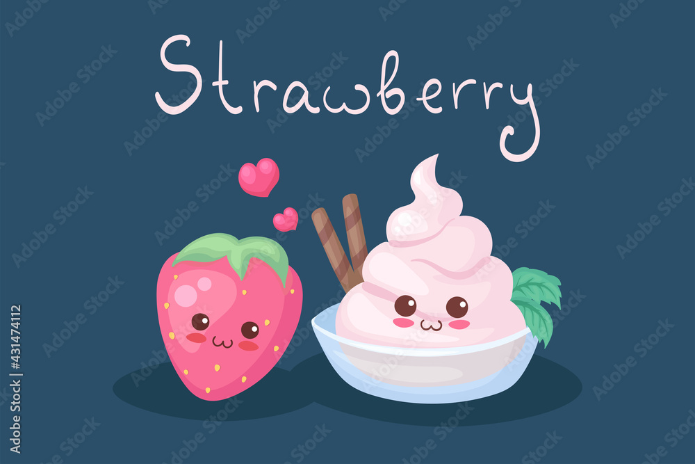 Cute Strawberry Ice Cream and Berry Characters with hand drawn ...