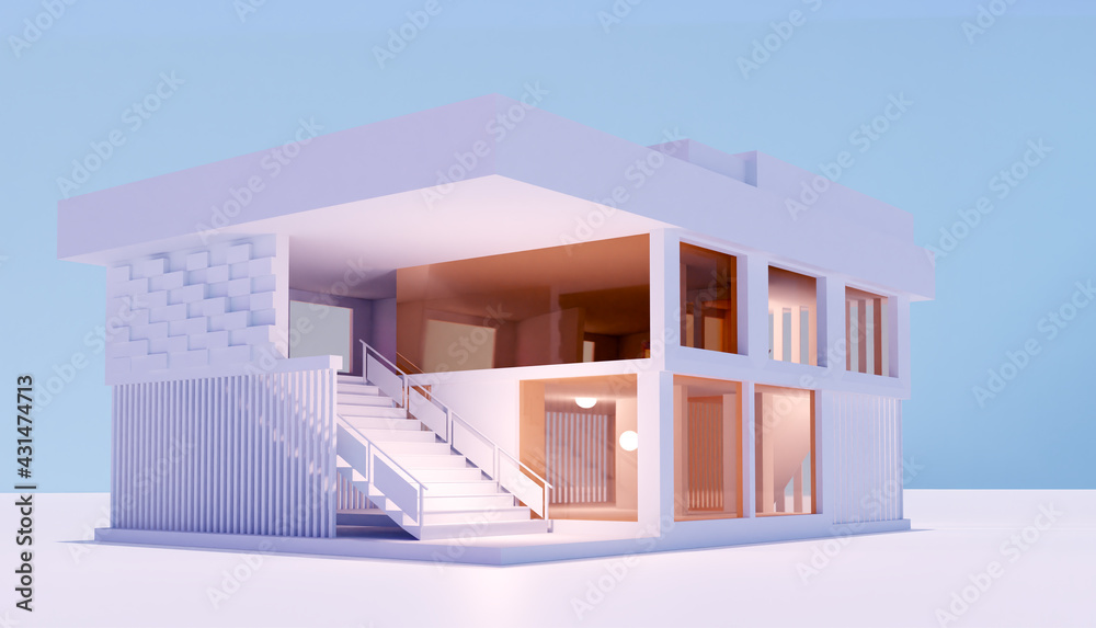 Layout of a modern cottage. 3d model of a two-story house with the ...