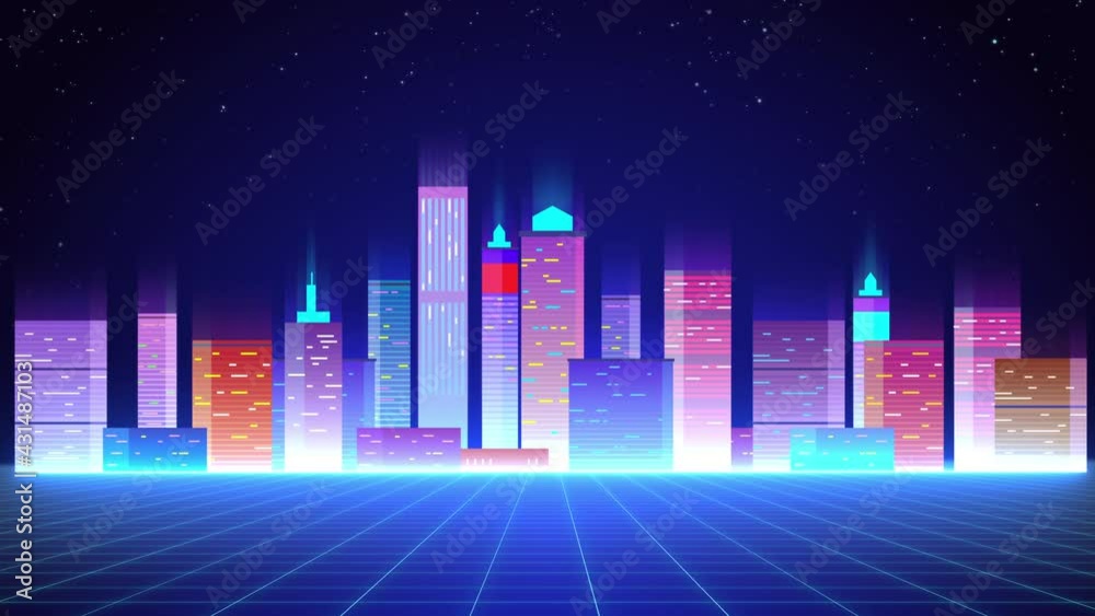 Stockvideon Retrowave style animation of neon city. Glowing Stars, Neon ...