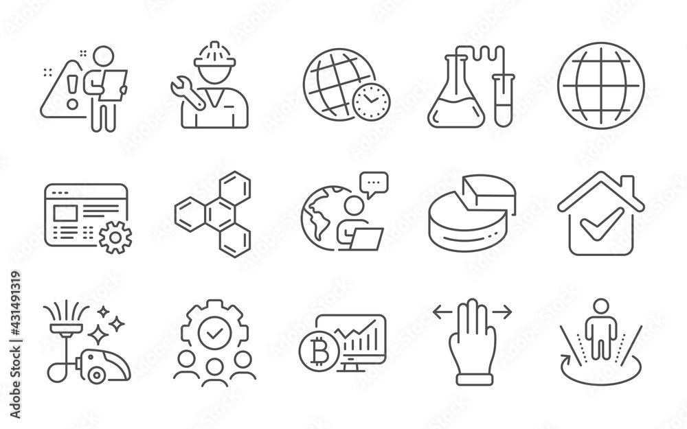 Chemistry lab, Multitasking gesture and Teamwork line icons set. Chemical formula, Bitcoin chart ...