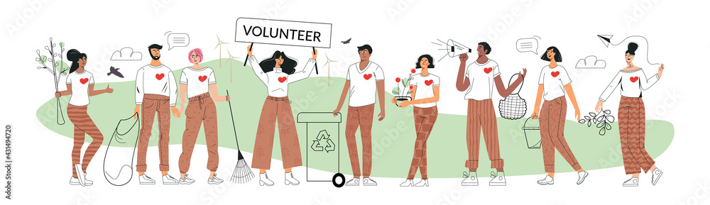 Eco volunteers and volunteering concept. Set of diverse characters save ...