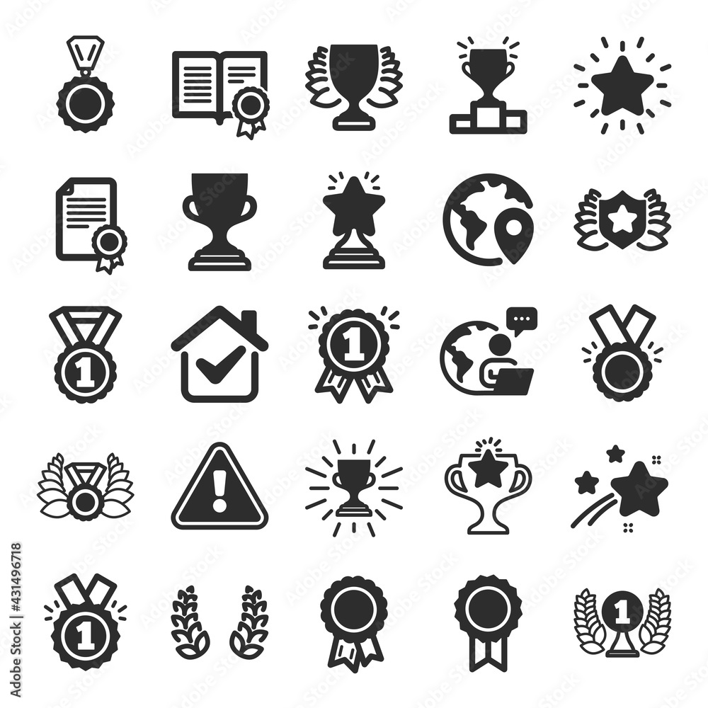 Award icons. Set of Winner medal, Victory cup and Laurel wreath award ...