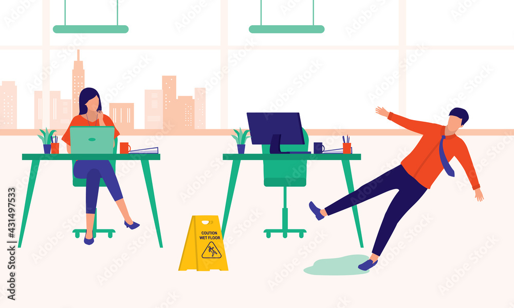 Man Slipping On A Wet Floor At Office. Workplace Injury Concept. Vector ...