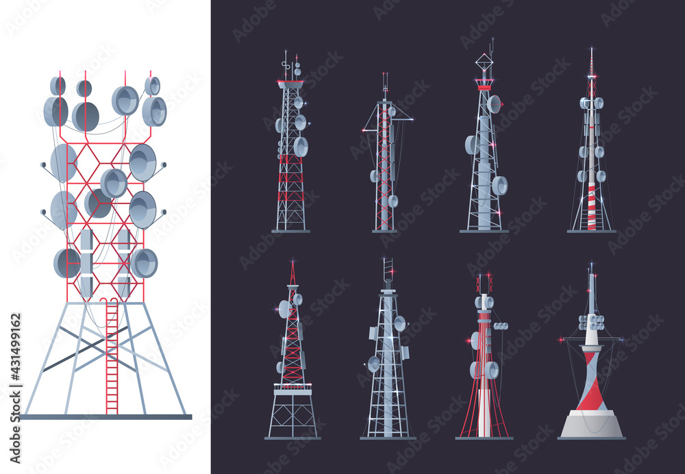 Wireless towers. Network communication buildings modern outdoor smart ...