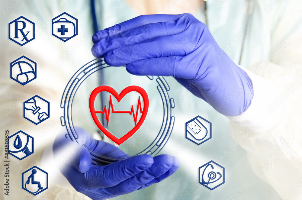 Heart symbol in protecting hands medical symbols background with doc's ...