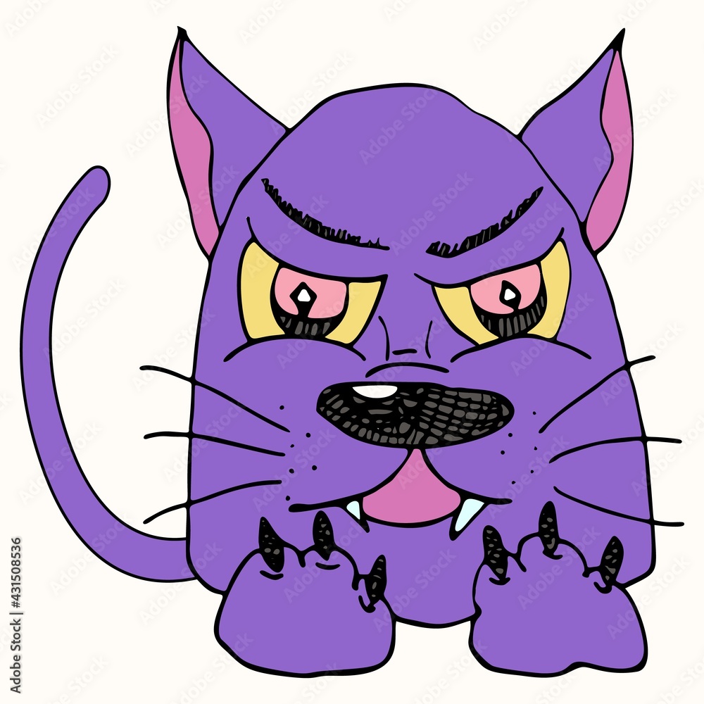 Displeased and angry cat character drawn with marker. Cartoon character ...