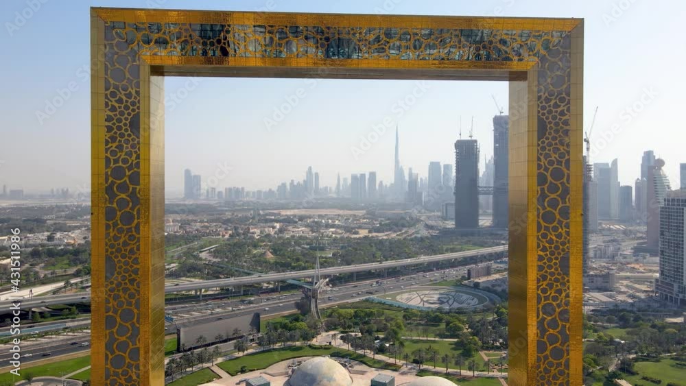Dubai Frame building with Zabeel park and Dubai skyline aerial view ...