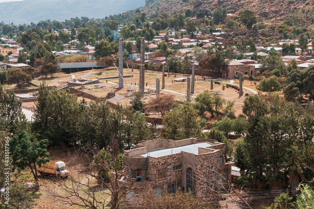 Aksumite civilization ruins, Ancient monolith stone obelisks behind ...