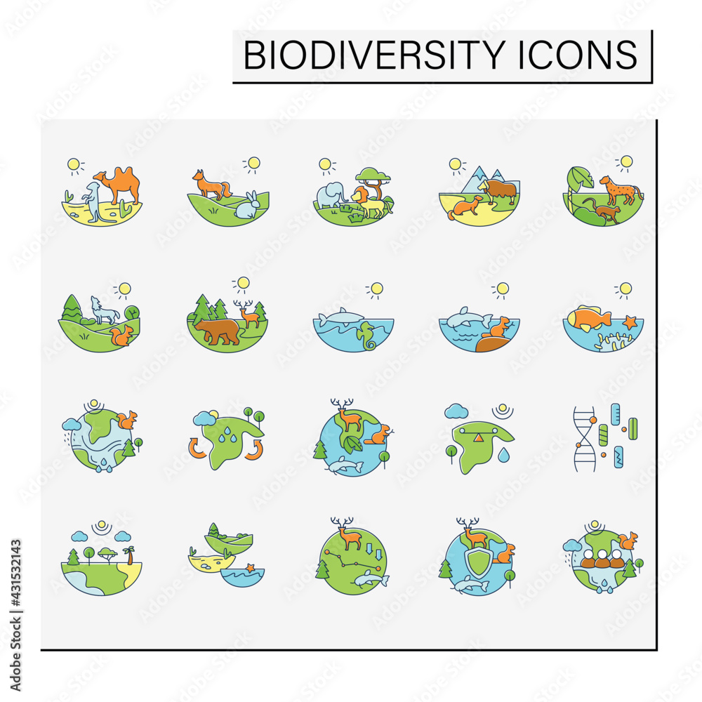 Biodiversity color icons set. Consists of desert, grassland, tundra ...