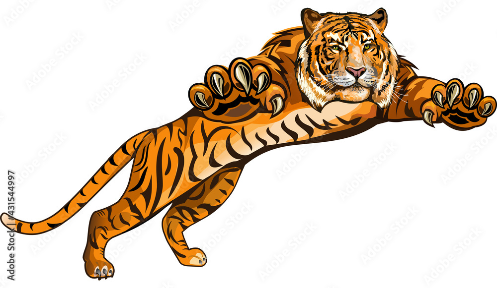 Angry Tiger Jump. Color Tattoo Stock Illustration | Adobe Stock
