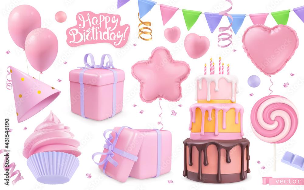 Happy birthday holiday decorations set. 3d vector realistic objects ...