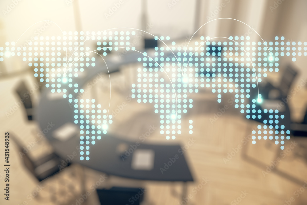 Abstract virtual world map with connections on a modern conference room ...