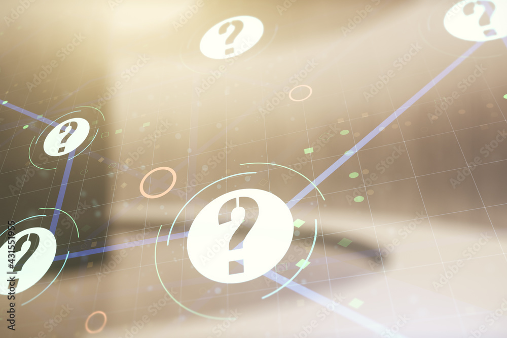 Abstract virtual question mark hologram on modern interior background ...