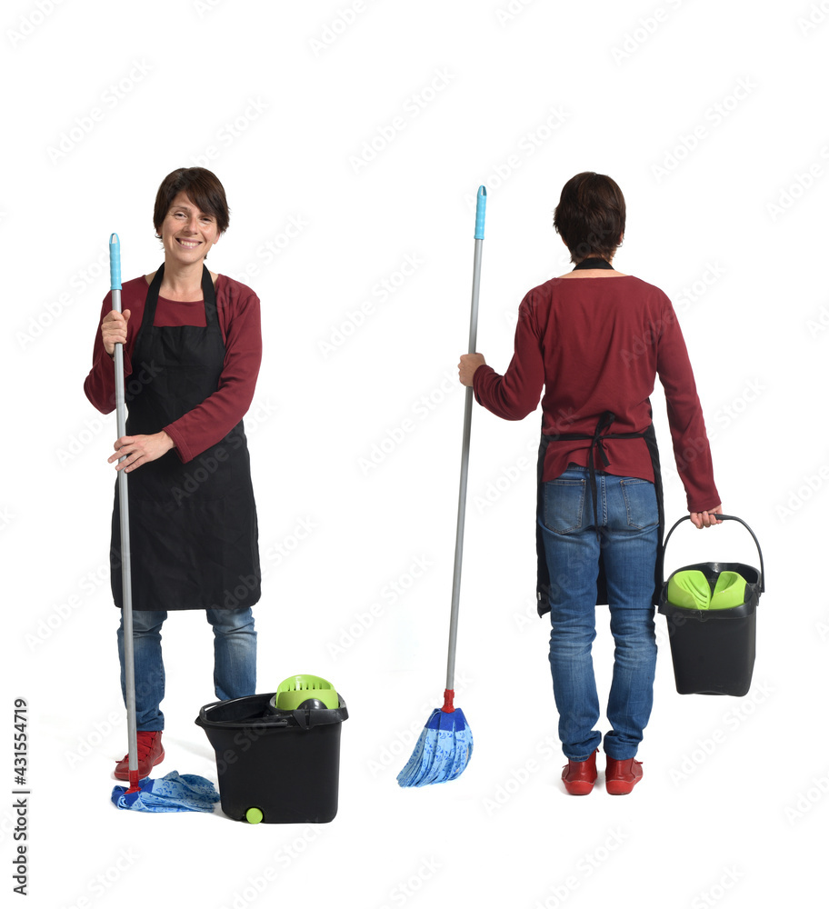 front and back view same woman with a mop and bucket on white ...