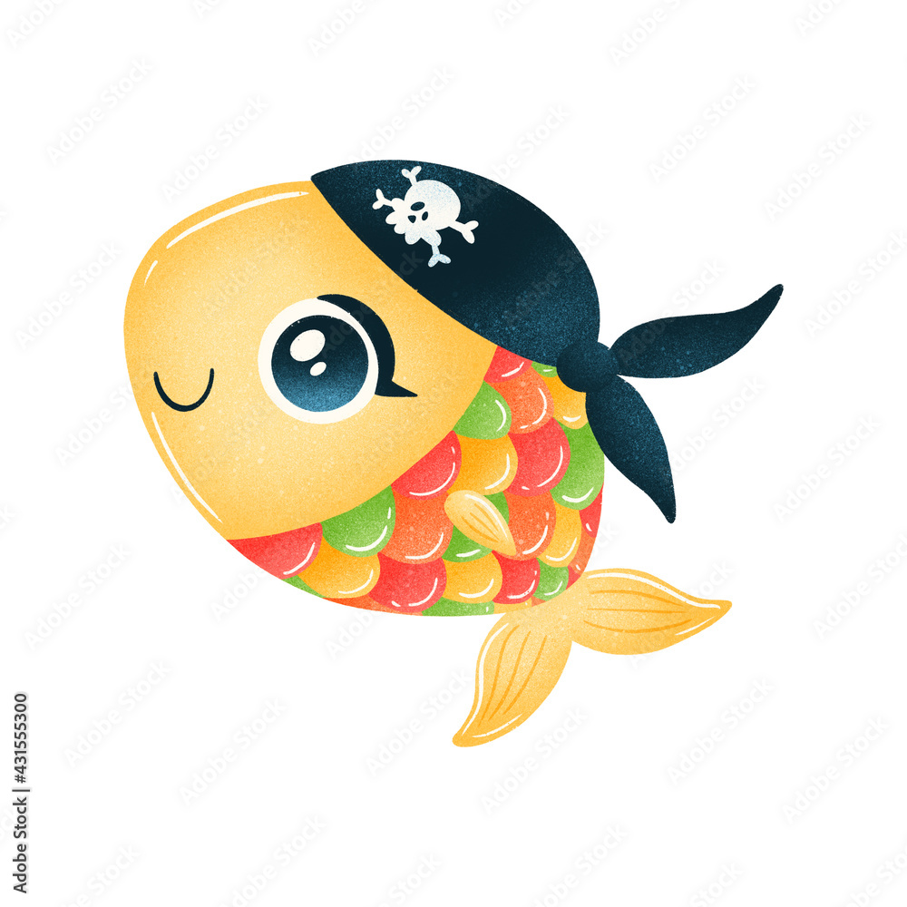 Cute cartoon pirate fish isolated on white background. Animal pirates ...