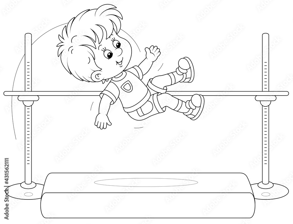 Cheerful little boy in high jump in midair over a bar at a competition ...