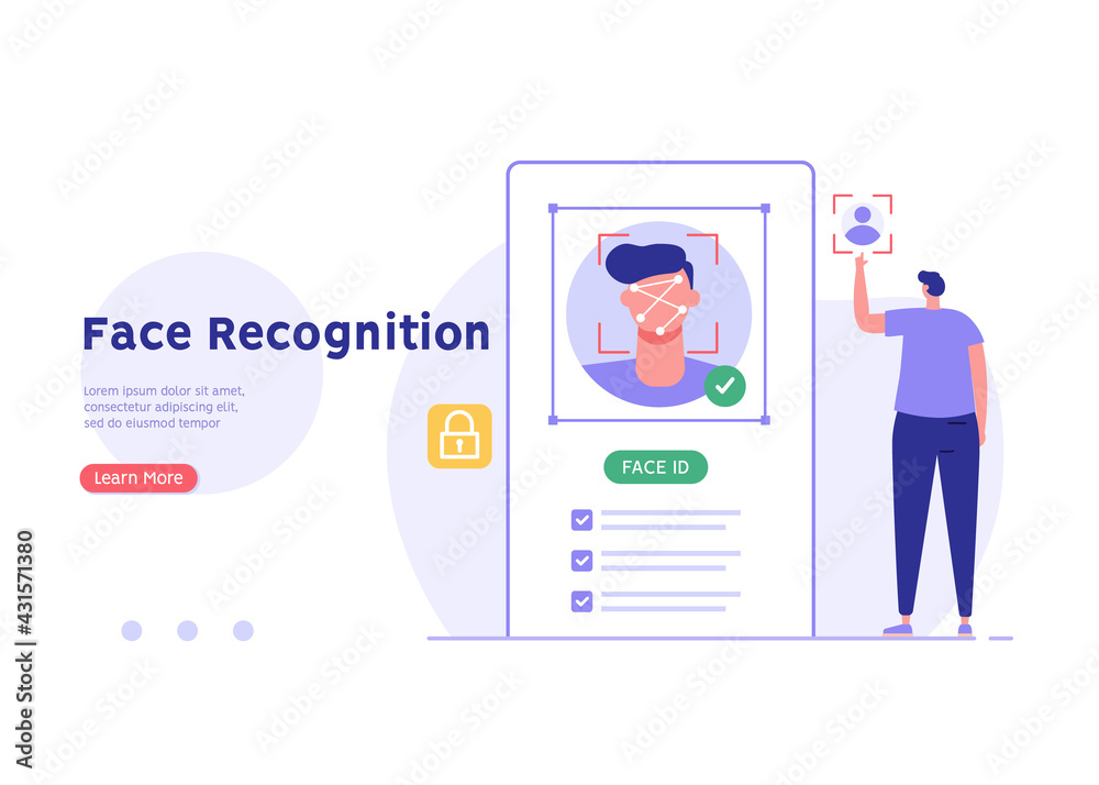 Man standing with a phone, identifies a face. Concept of facial ...