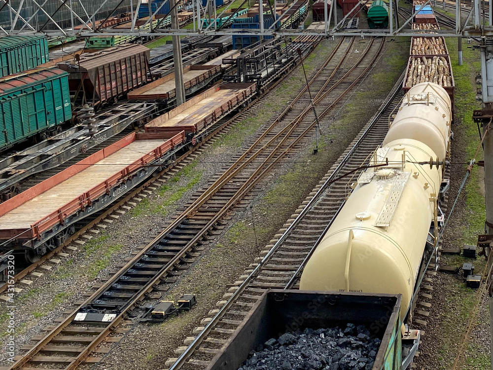 Top view of a railway marshalling yard with railroad cars. Coal ...