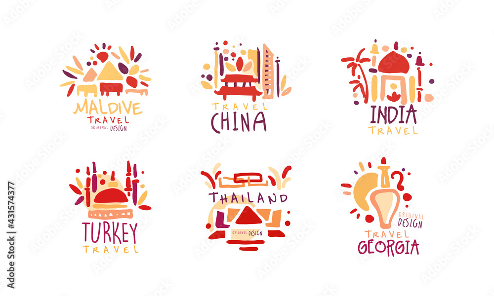 Travel Logo Design with Different Destinations Vector Set Stock Vector ...