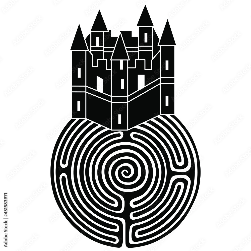 Medieval castle standing n top of round spiral maze or labyrinth symbol ...
