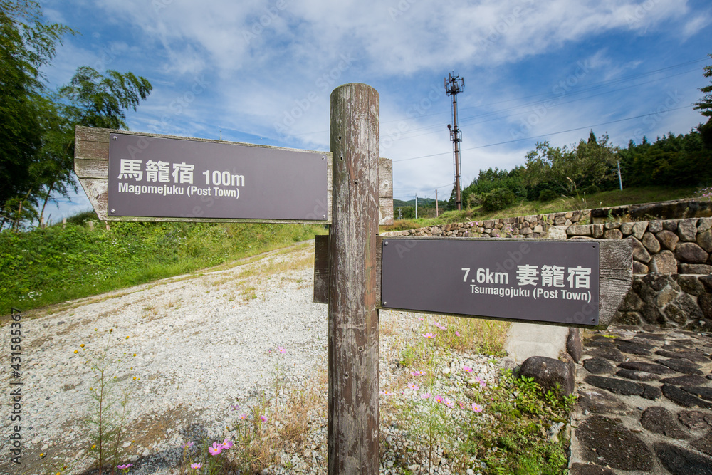 Signpost sign with directions and distance for Magome to Tsumago ...