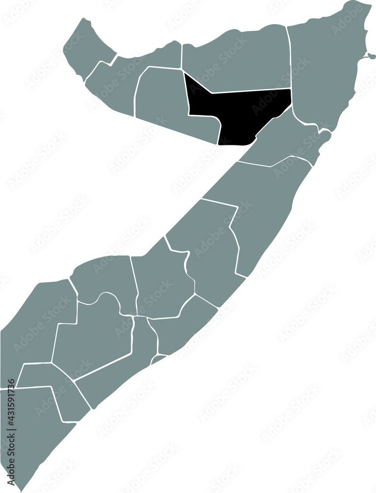 Black highlighted location map of the Somali Sool region inside gray ...
