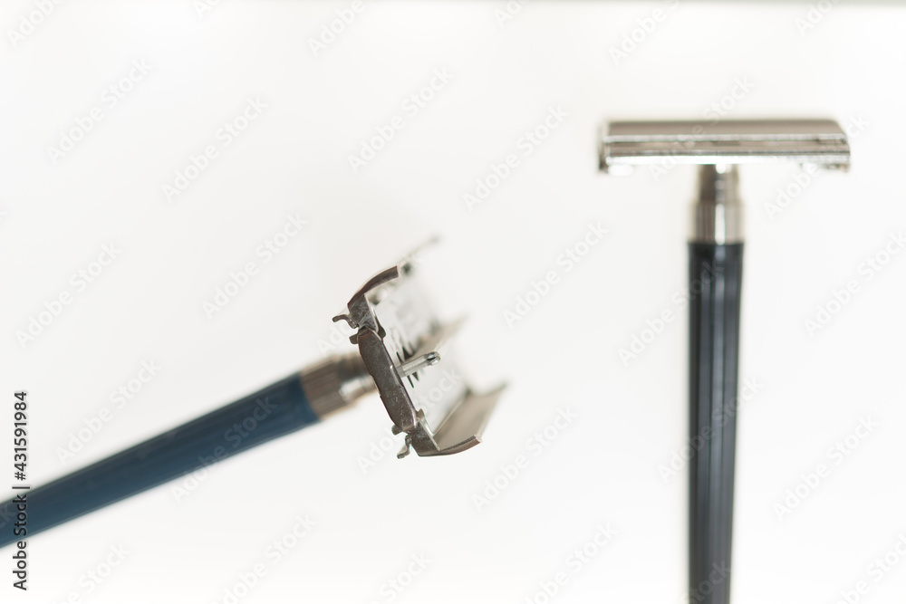 old, used, isolated double-edge safety razor handle for use with double ...