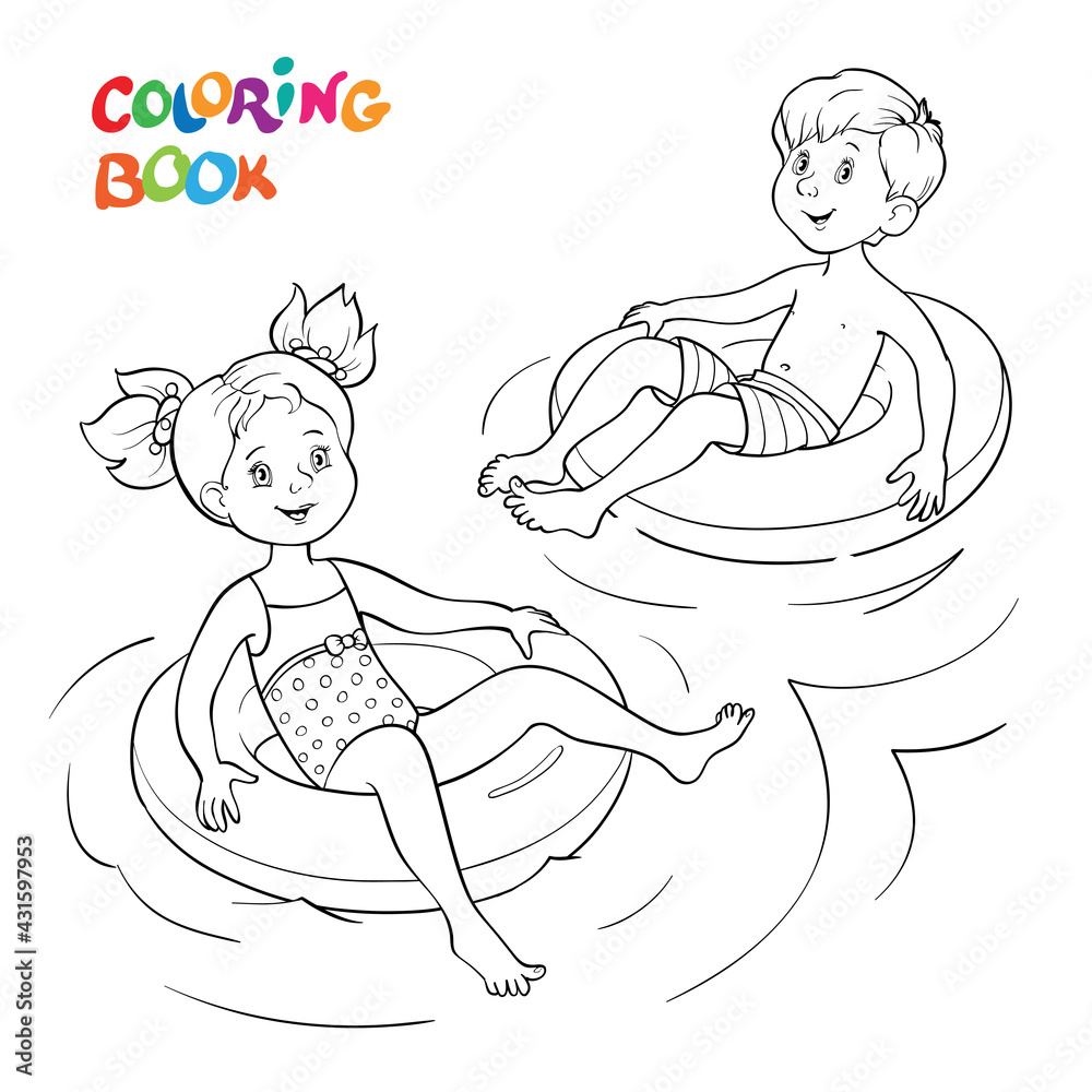 Coloring book or page. Happy children swim on rubber rings in the water ...
