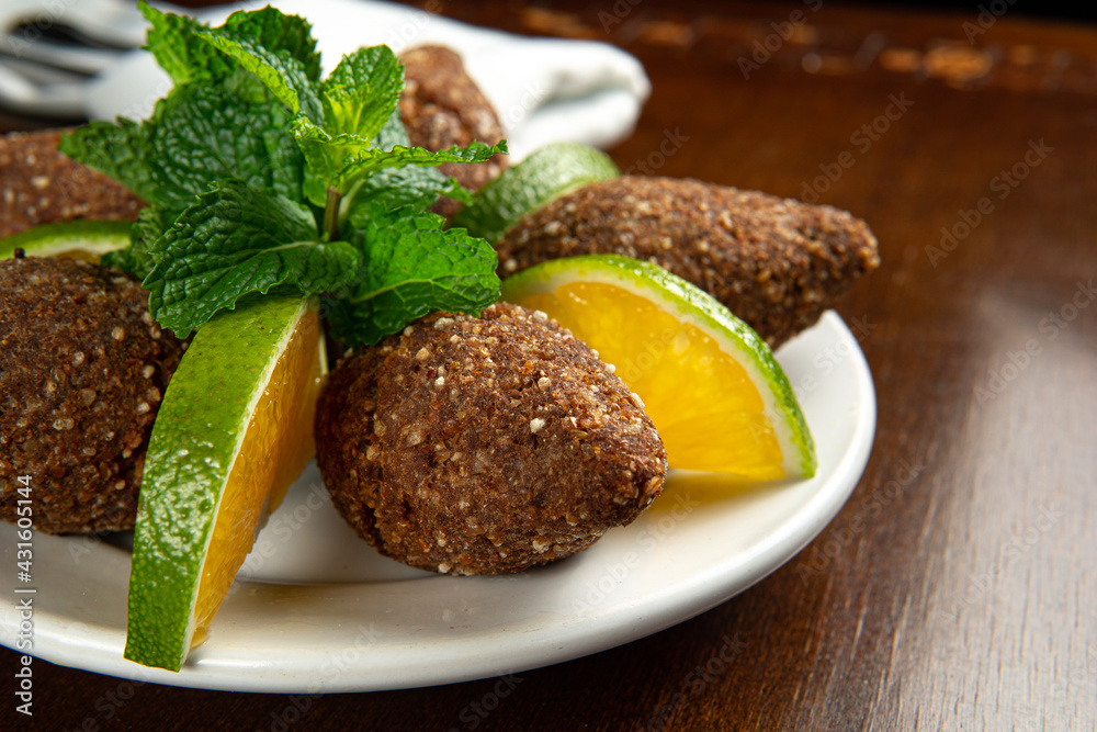 Traditional Middle Eastern food. Lebanese food. Arabian kibbeh with ...