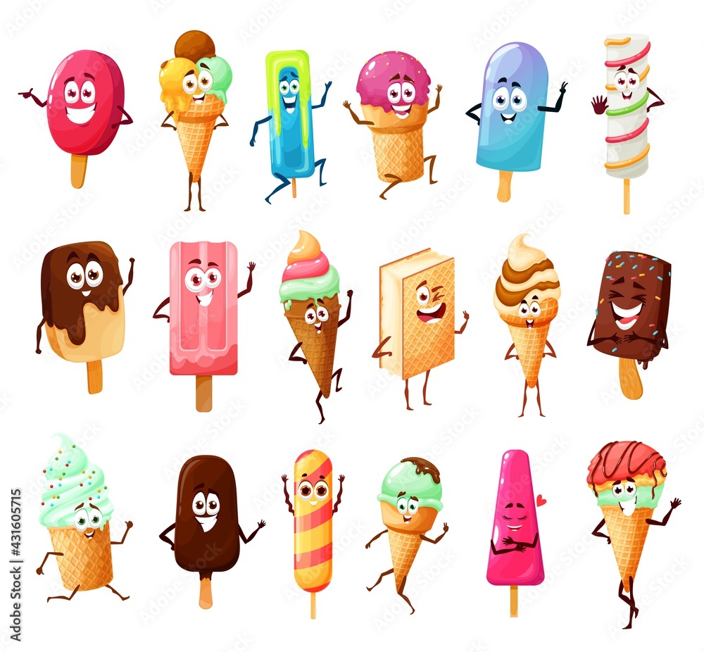Cute ice cream cartoon characters of vector summer dessert food ...