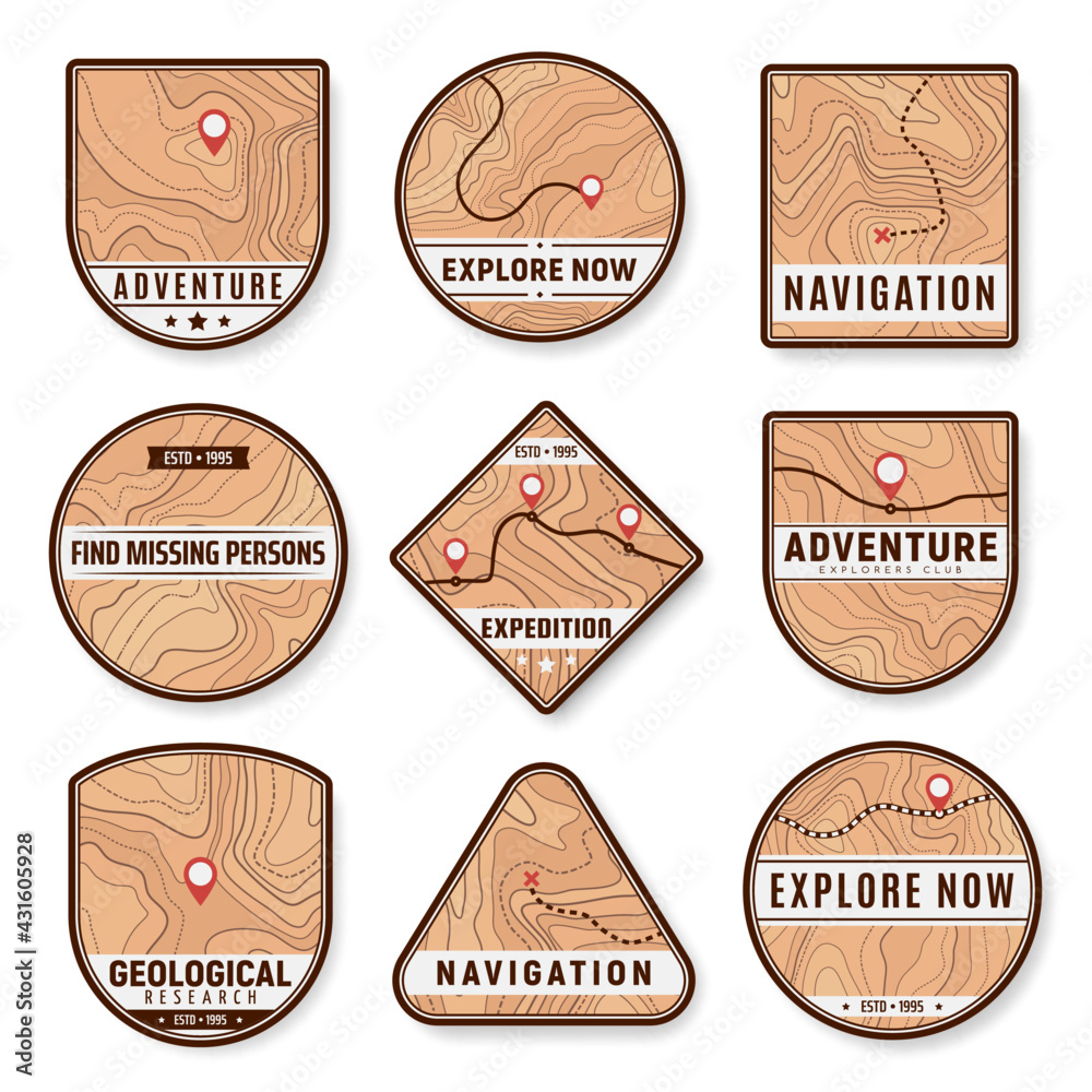 Topography icons for navigation, geology and travel with location ...