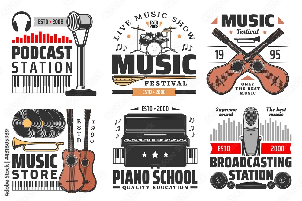 Music isolated vector icons with musical instruments, microphones ...