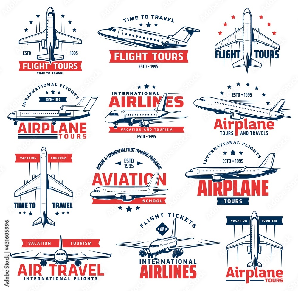 Aviation airplane vector icons of air travel design. Passenger airline ...
