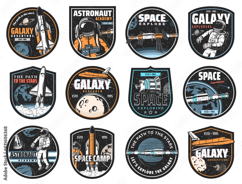 Space vector icons. Cosmonaut in galaxy, rocket in outer cosmos ...