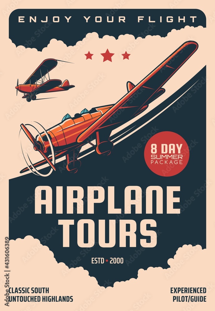 Airplane tours, air plane pilots guide flights vector retro poster ...