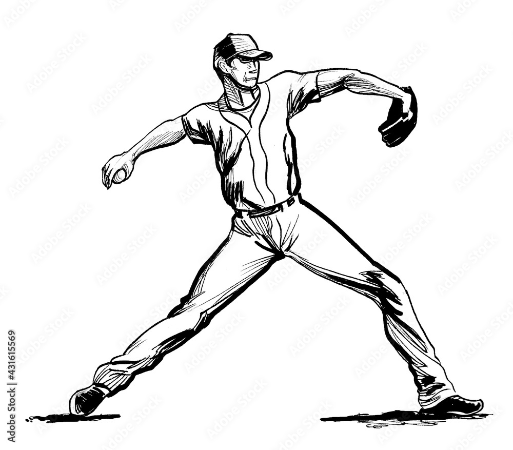 Baseball player throwing a ball. Ink black and white drawing Stock ...