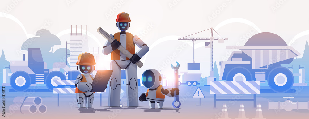 robots engineers in hardhats holding drawings robotic architects with ...