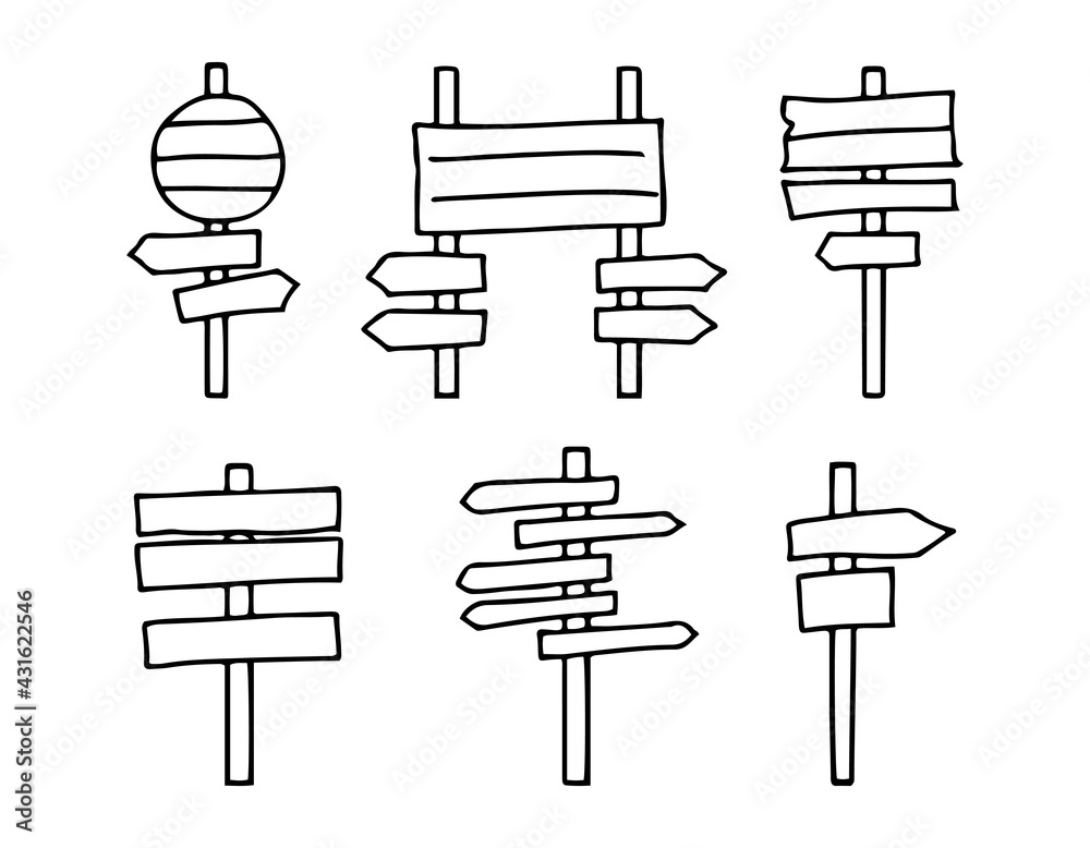 Set. Old various road signs. Road signs. With signs and arrows. Drawn ...