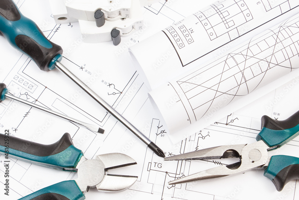 Work tools, electric fuse and diagrams of housing plan with electrical ...