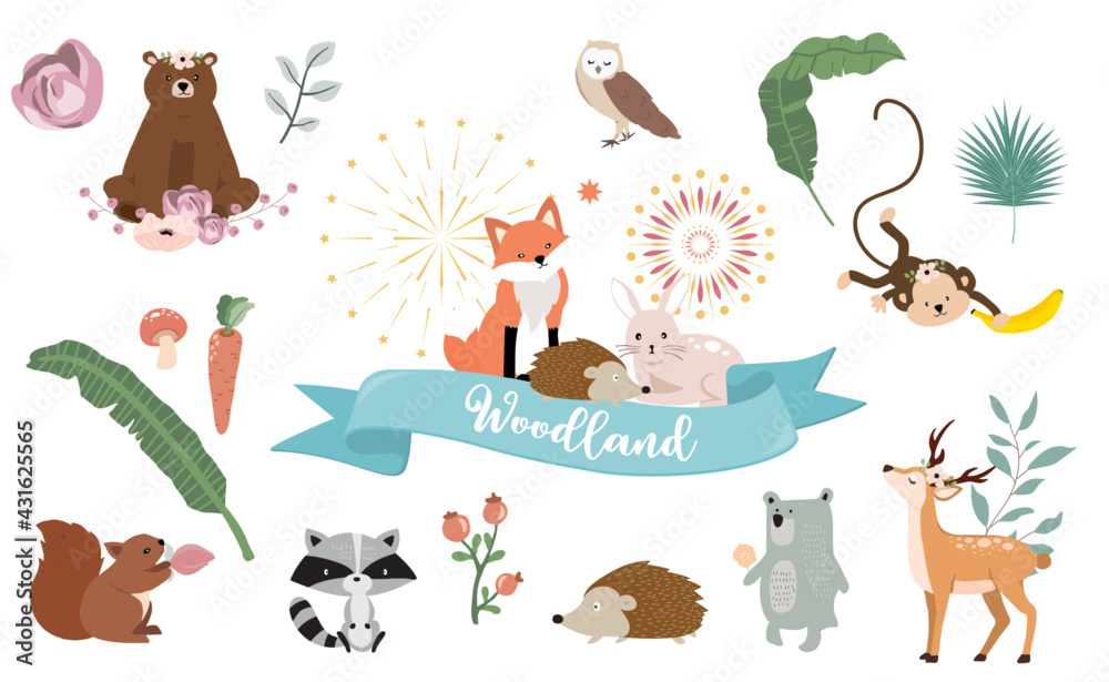 Cute woodland object collection with bear,owl,fox,skunk,mushroom and ...