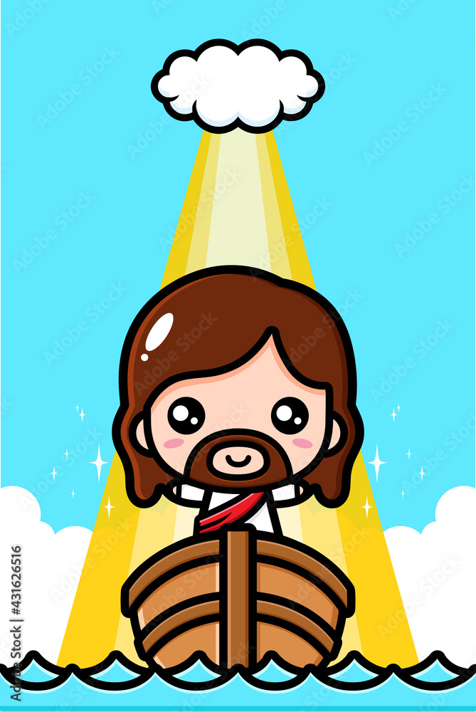 cute cartoon jesus vector design on wooden boat with light and dove ...