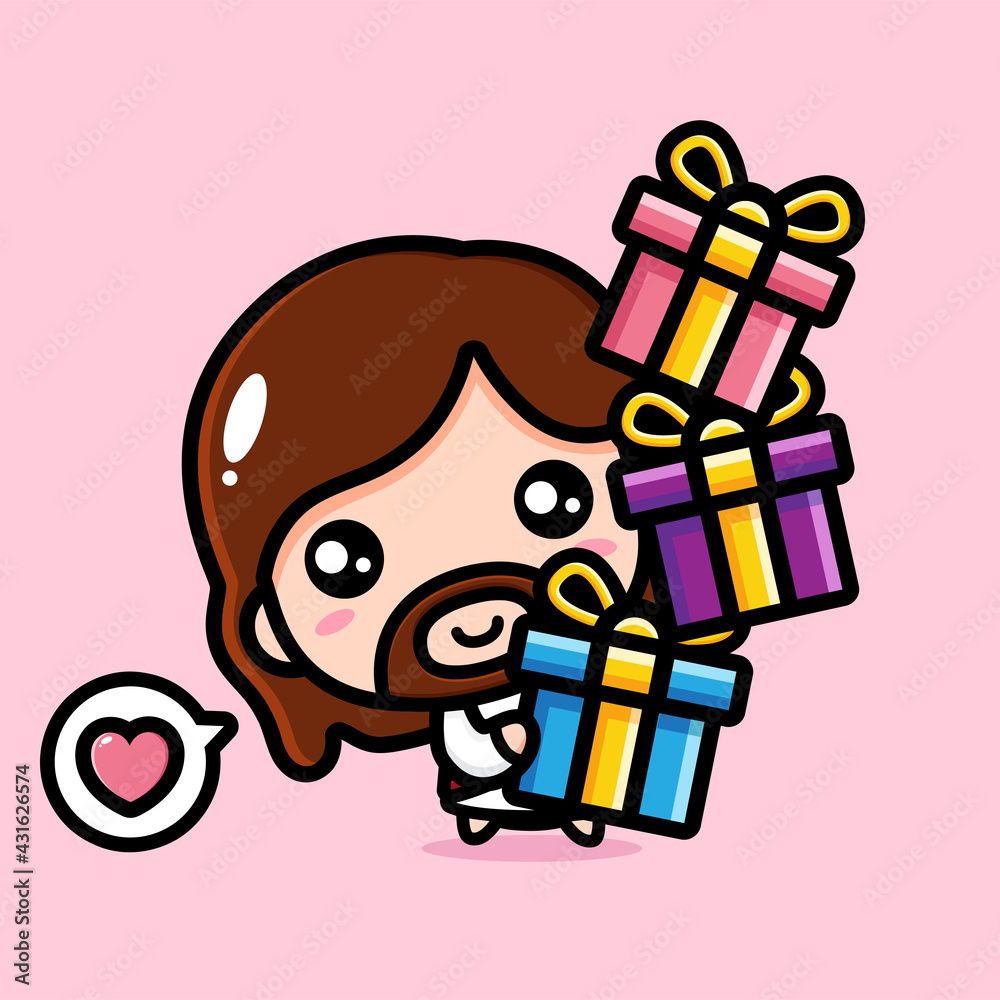 cute cartoon jesus vector design is carrying a pile of gifts Stock ...