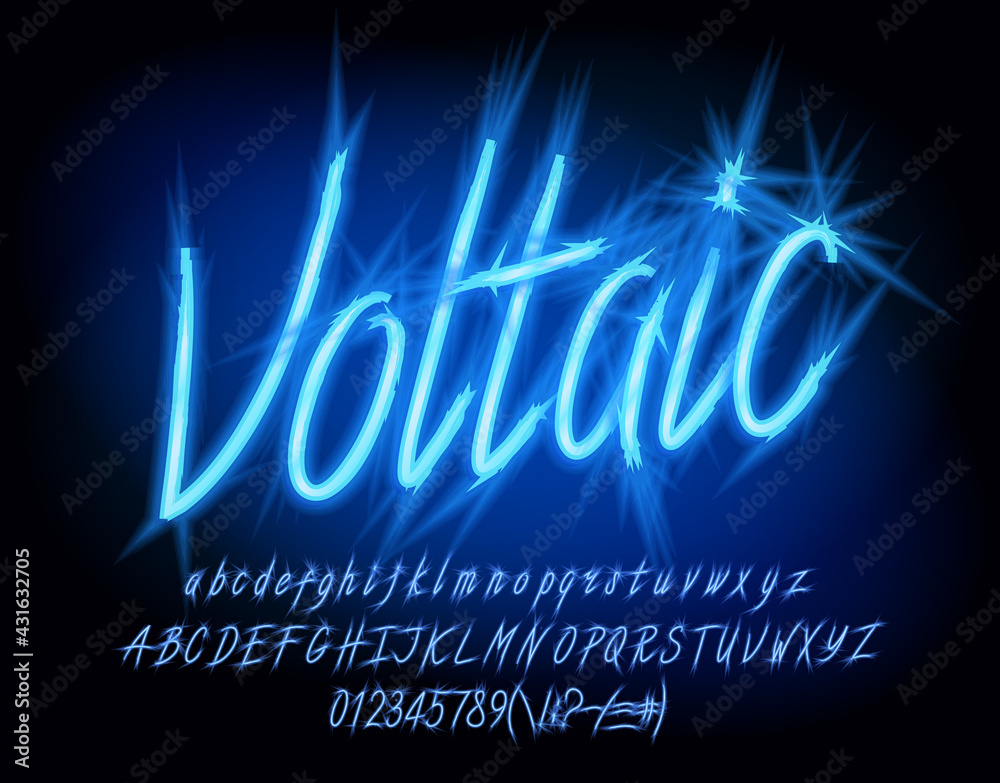 Voltaic alphabet font. Electric script letters, numbers and punctuation ...