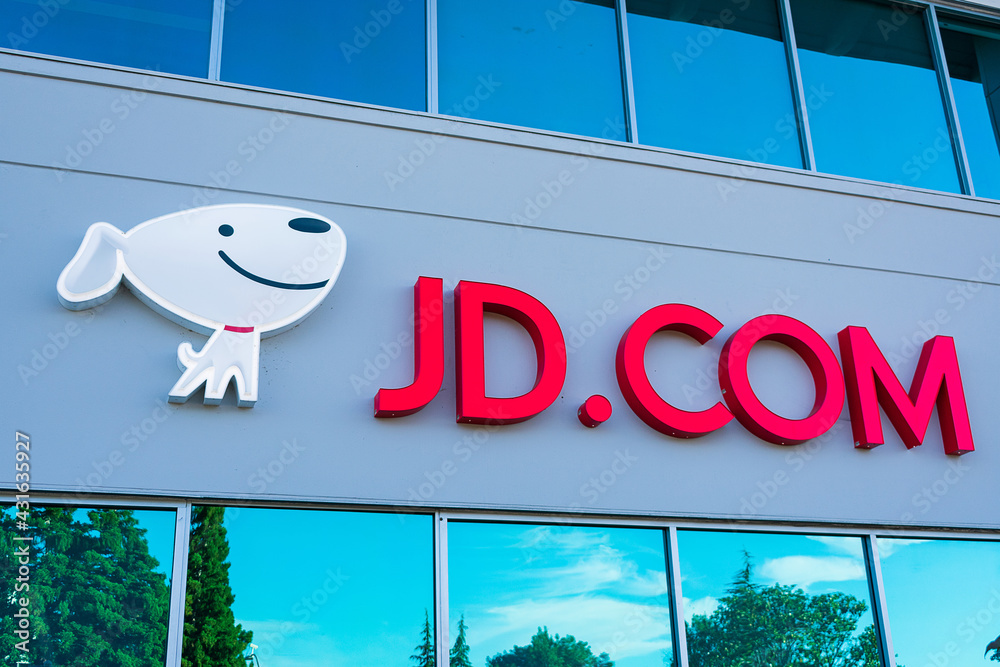 JD.com logo and dog mascot on the facade of Chinese e-commerce company ...