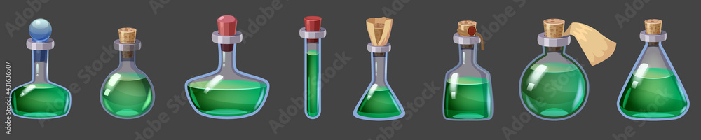 Set of Bottles magic liquid potion fantasy elixir. Game icon GUI for ...
