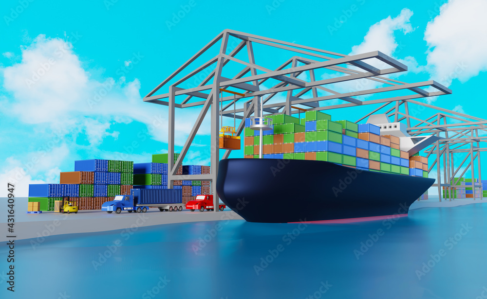 Cargo ship and industrial port with tractor and trailer or semi truck ...