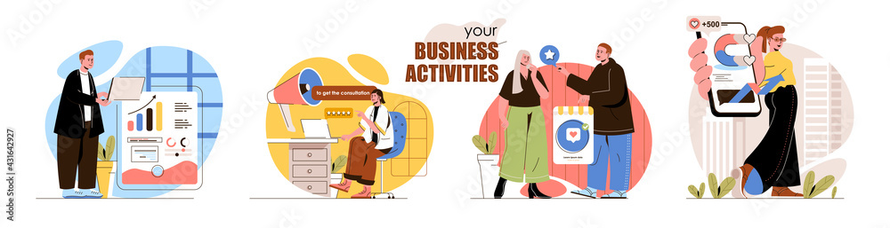 Business activities concept scenes set. Analysis of statistics, digital ...