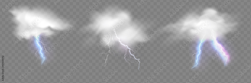 Vector realistic dark stormy sky with clouds, heavy rain and lightning ...