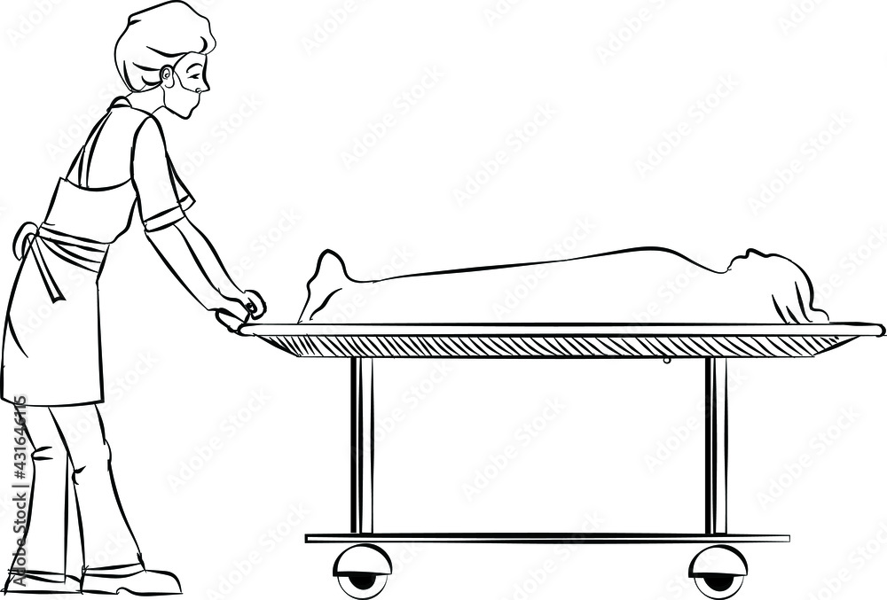 Medical Staff moves a dead body covered with a blanket to the morgue or ...