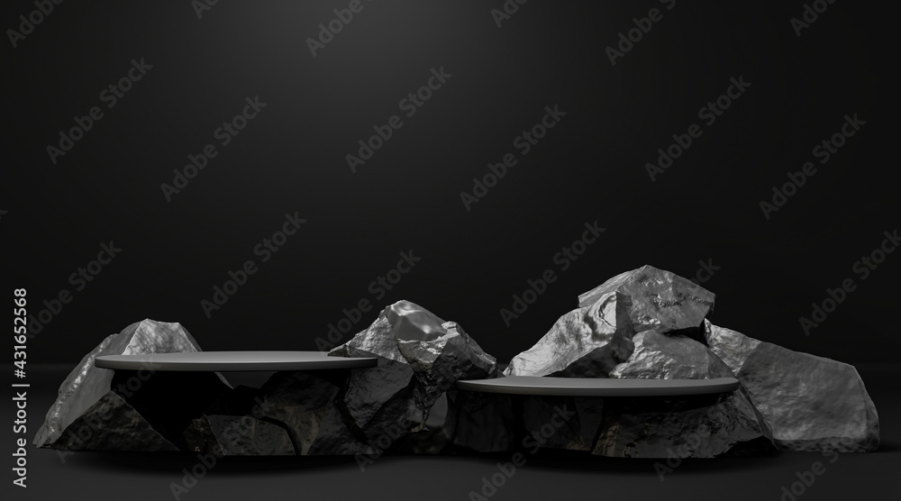 Stone and Rock shape 3d render illustration. Round podium, pedestal for ...